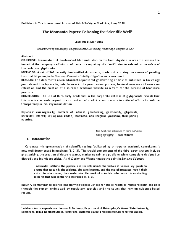 (DOC) The Monsanto Papers: Poisoning the Scientific Well