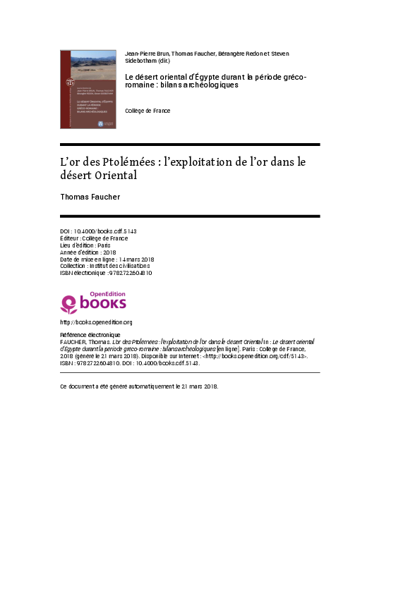 (PDF) FAUCHER, Thomas. L’or des Ptolémées : l’exploitation de l’or dans ...