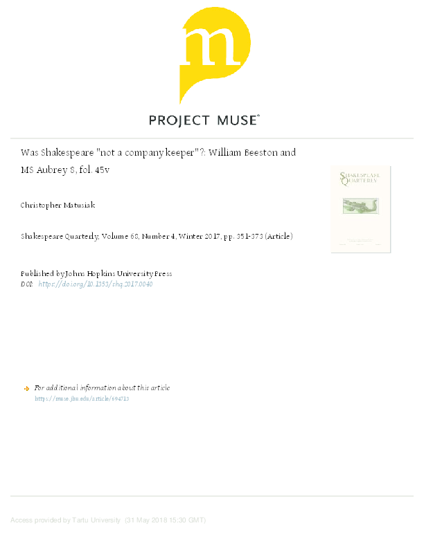 (PDF) Was Shakespeare 'not a company keeper'? William Beeston and MS ...