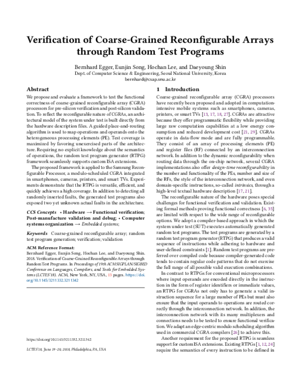 Pdf Verification Of Coarse Grained Reconfigurable Arrays Through Random Test Programs 