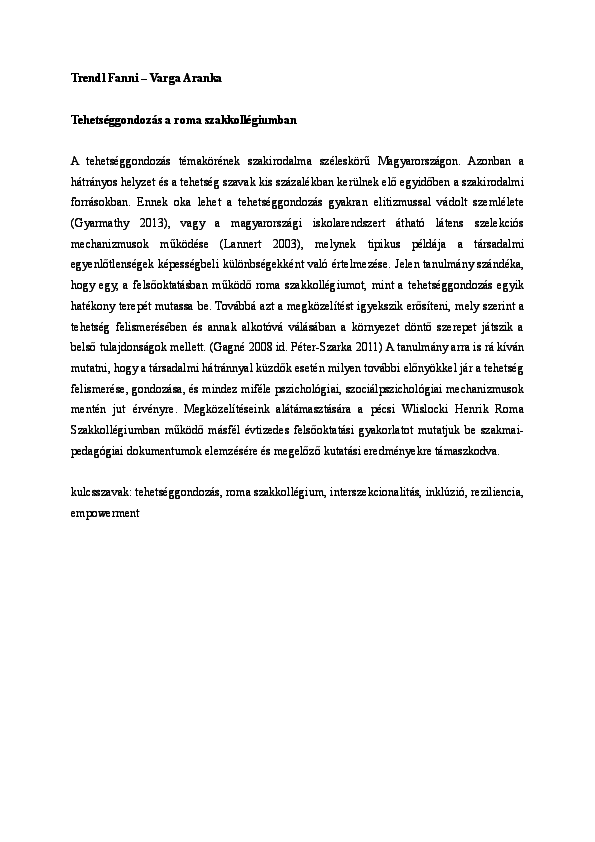 (DOC) Trendl Fanni – Varga Aranka: Tehetséggondozás a roma szakkollégiumban