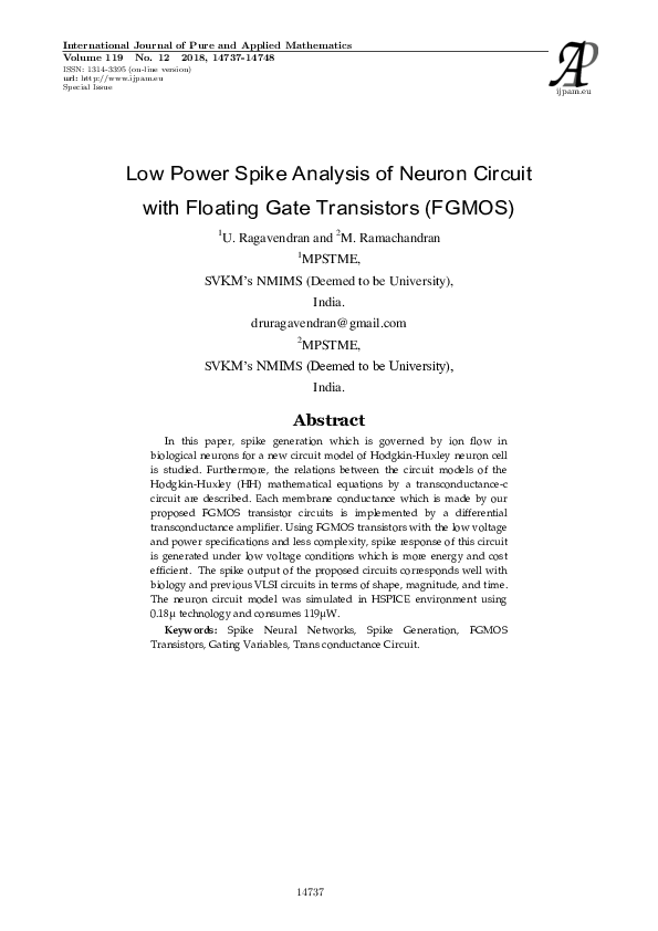 (PDF) Low Power Spike Analysis of Neuron Circuit with Floating Gate ...