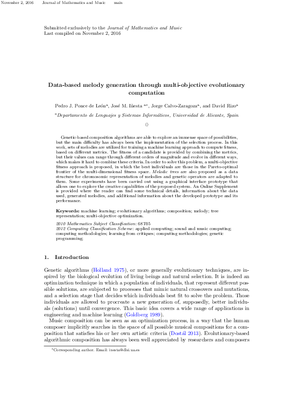 (PDF) Data-based melody generation through multi-objective evolutionary computation | David Rizo ...