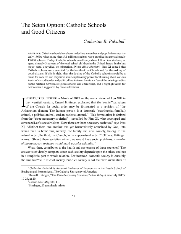 (PDF) The Seton Option: Catholic Schools and Good Citizens