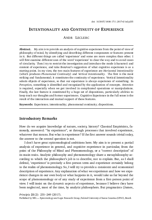 (PDF) INTENTIONALITY AND CONTINUITY OF EXPERIENCE