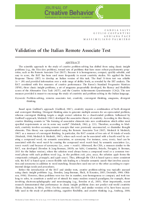 (PDF) Validation of the Italian Remote Associate Test