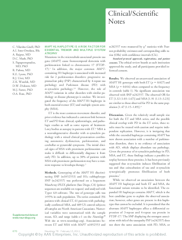 (PDF) MAPT H1 haplotype is a risk factor for essential tremor and ...