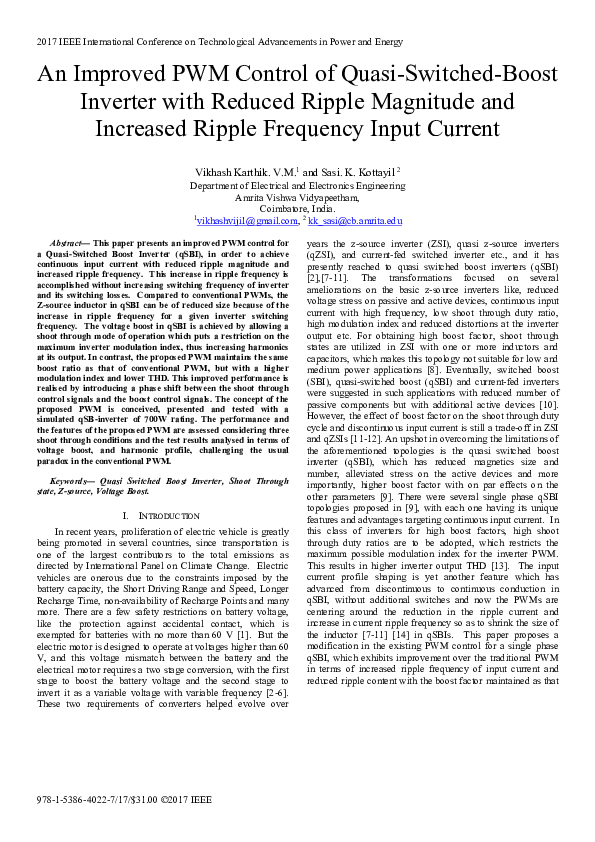 Pdf An Improved Pwm Control Of Quasi Switched Boost Inverter With Reduced Ripple Magnitude And