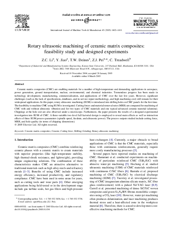 (PDF) Rotary ultrasonic machining of ceramic matrix composites ...