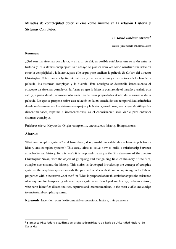 (PDF) Miradas de complejidad desde el cine como insumo en la relación Historia y Sistemas Complejos
