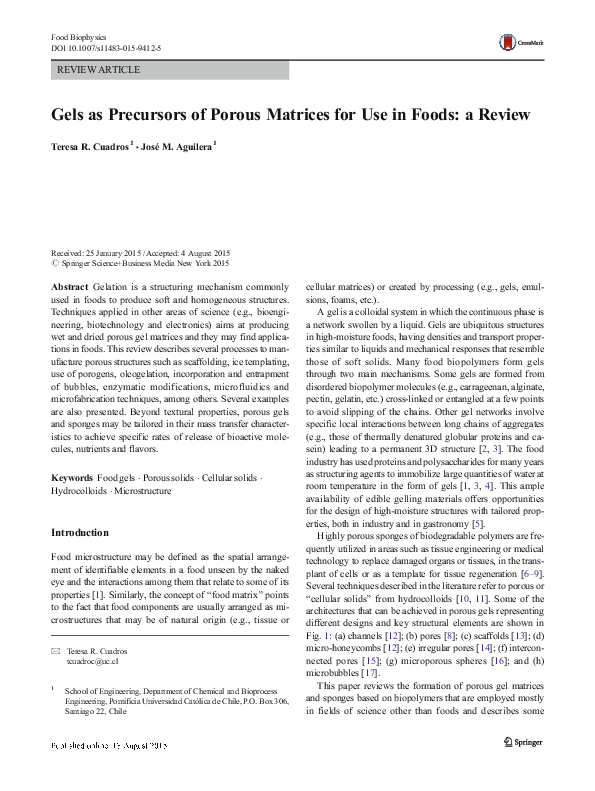 (PDF) Gels as Precursors of Porous Matrices for Use in Foods: a Review