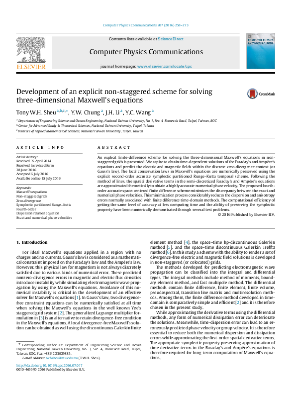 (PDF) Development of an explicit non-staggered scheme for solving three-dimensional Maxwell's ...
