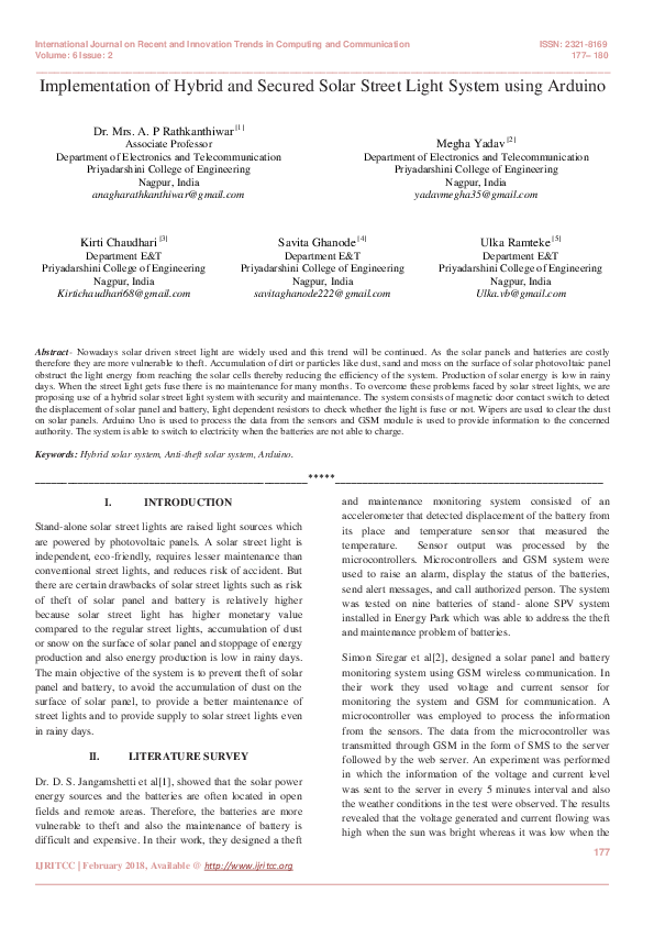 (PDF) Implementation of Hybrid and Secured Solar Street Light System ...
