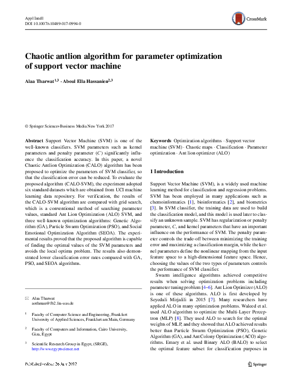 (PDF) Chaotic antlion algorithm for parameter optimization of support vector machine | Alaa ...