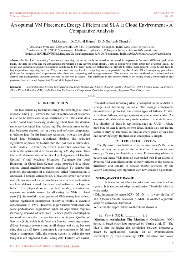 Pdf Optimizing Vm Placement For Energy Efficiency And Sla In Cloud