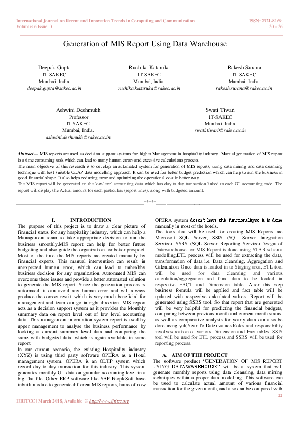 (PDF) Generation of MIS Report Using Data Warehouse