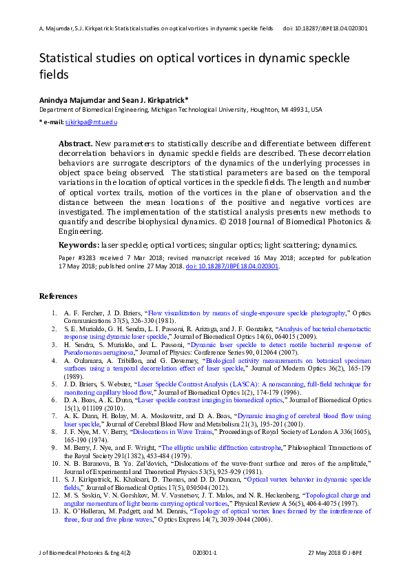 (PDF) Statistical studies on optical vortices in dynamic speckle fields