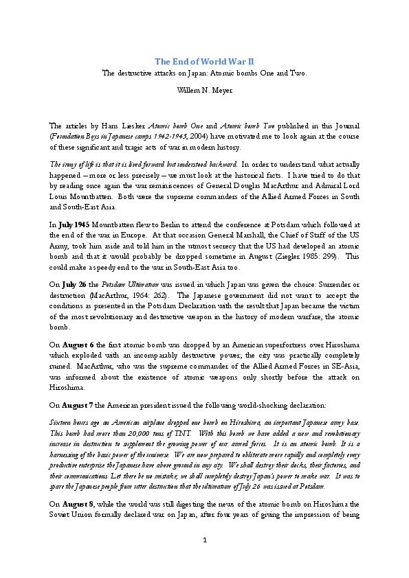 (PDF) The End of World War II The destructive attacks on Japan: Atomic ...