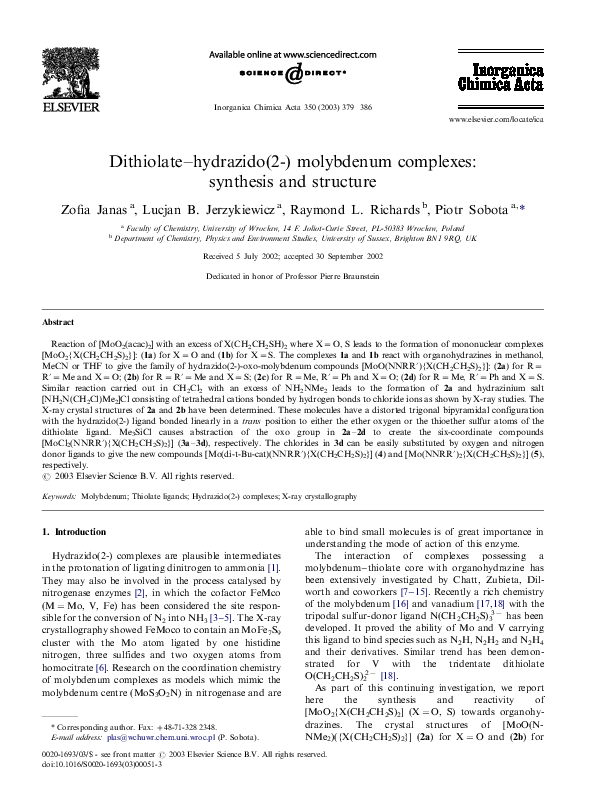 (PDF) Dithiolate–hydrazido(2-) molybdenum complexes: synthesis and ...