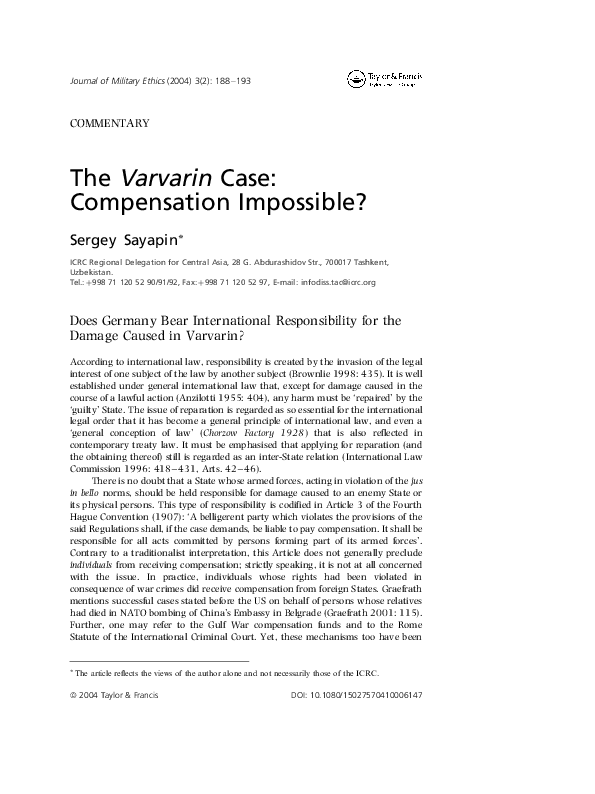 (PDF) The Varvarin Case: Compensation Impossible