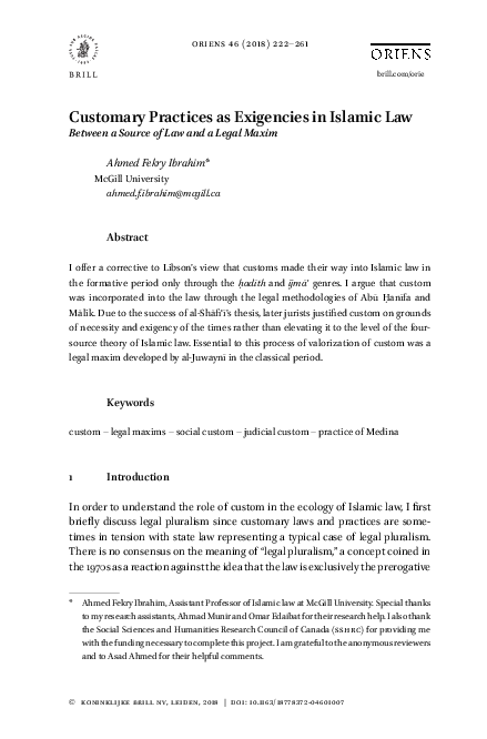 (PDF) Customary Practices as Exigencies in Islamic Law Between a Source ...
