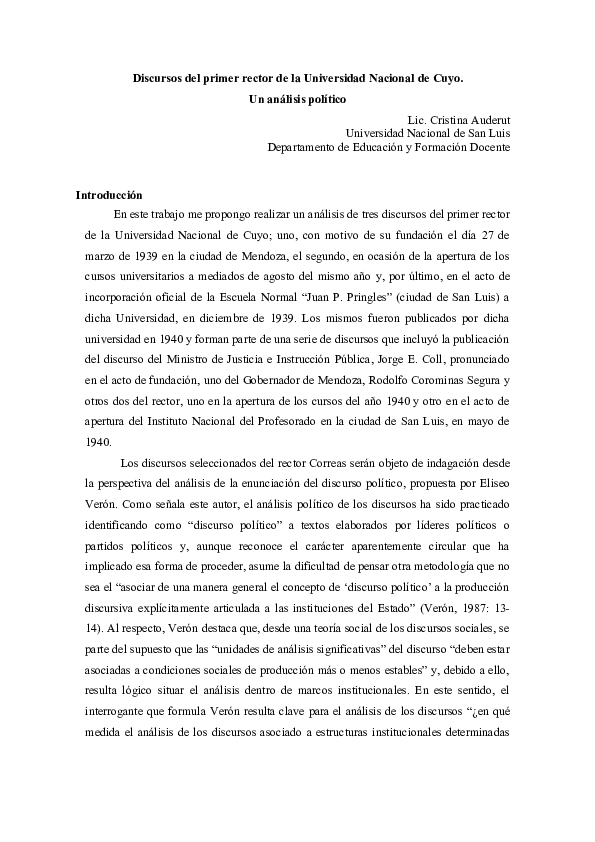 (PDF) Discursos del primer rector de la Universidad Nacional de Cuyo