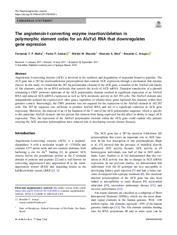 (PDF) The angiotensin-I-converting enzyme insertion/deletion in polymorphic element codes for an ...