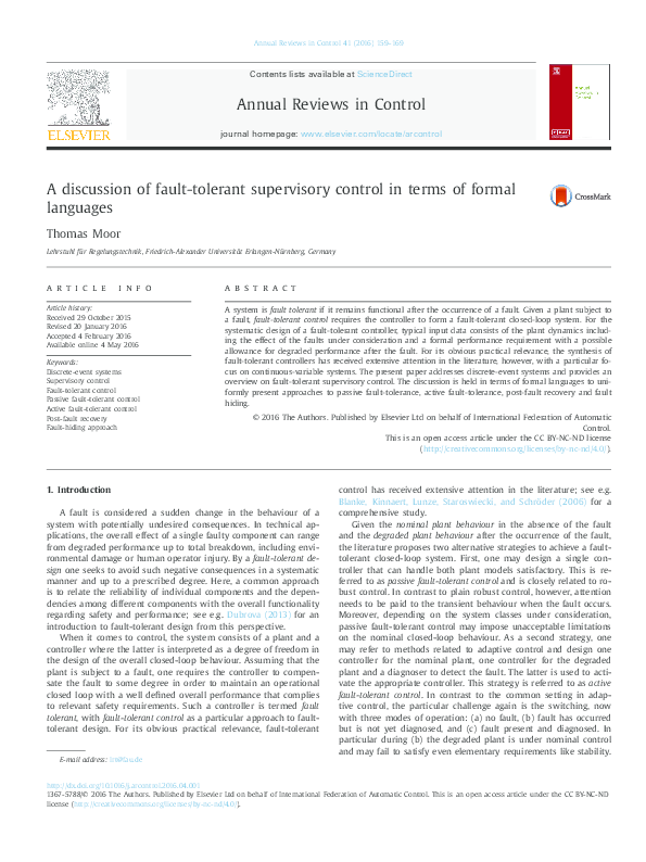 Pdf A Discussion Of Fault Tolerant Supervisory Control In Terms Of Formal Languages