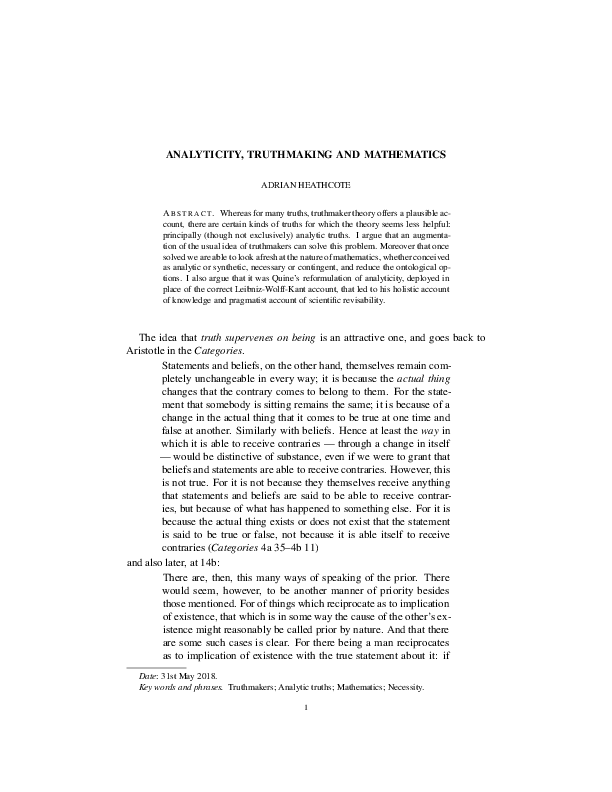 (PDF) ANALYTICITY, TRUTHMAKING AND MATHEMATICS