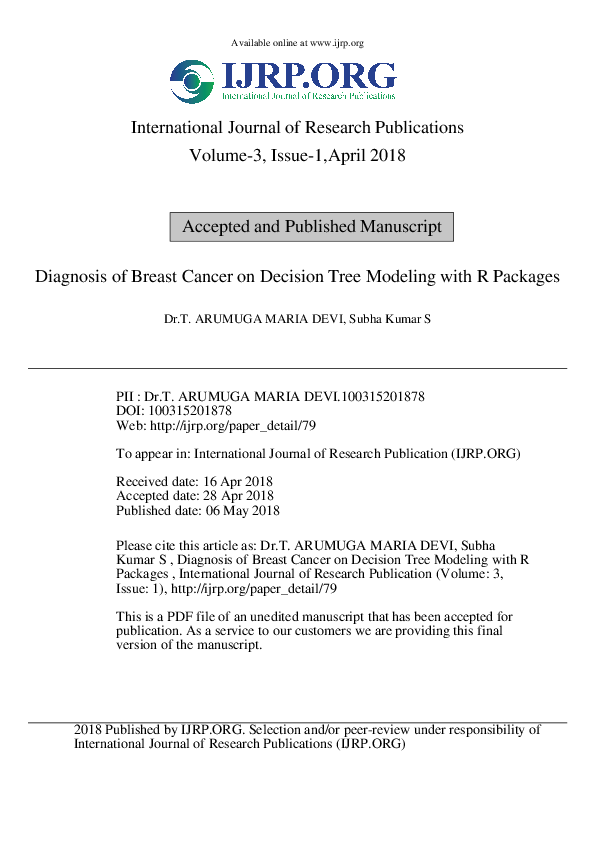 Pdf Diagnosis Of Breast Cancer On Decision Tree Modeling With R Packages