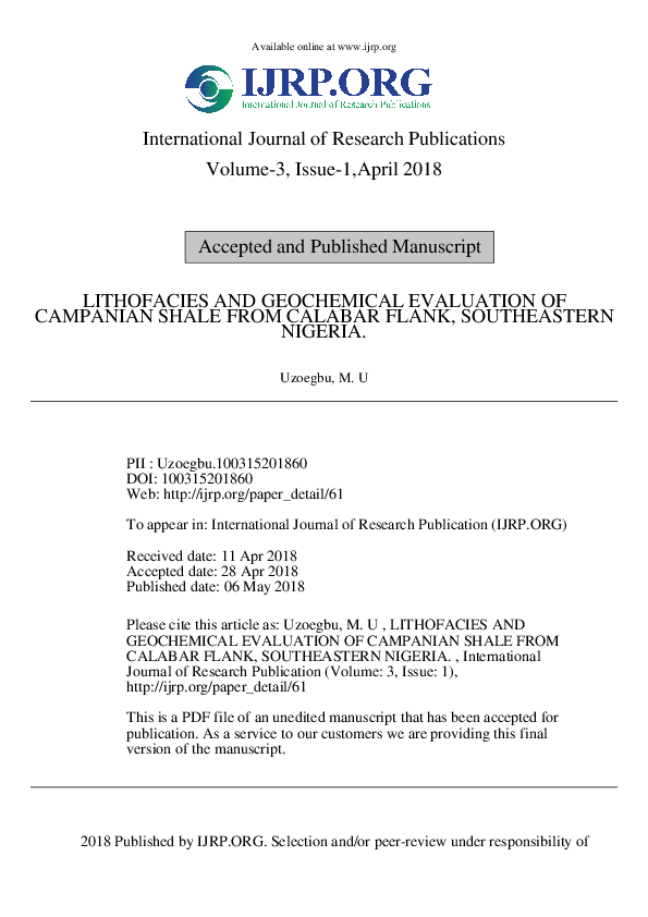 (PDF) LITHOFACIES AND GEOCHEMICAL EVALUATION OF CAMPANIAN SHALE FROM ...