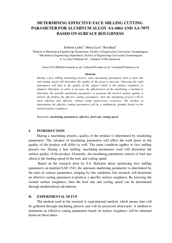 (PDF) DETERMINING EFFECTIVE FACE MILLING CUTTING PARAMETER FOR ALUMINUM ALLOY AA-6061 AND AA ...