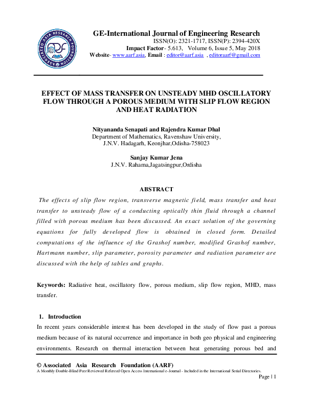 (PDF) EFFECT OF MASS TRANSFER ON UNSTEADY MHD OSCILLATORY FLOW THROUGH ...