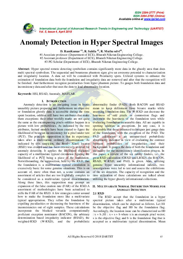 (PDF) Anomaly Detection in Hyper Spectral Images