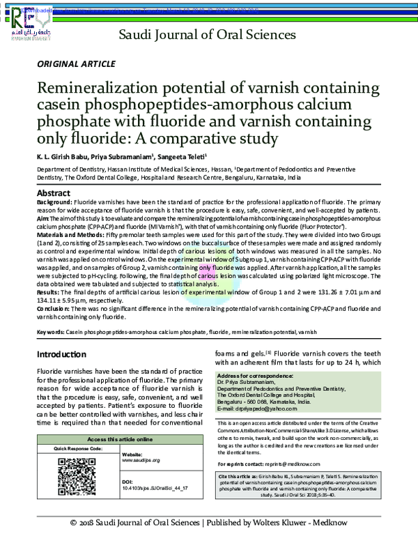 (PDF) Remineralization potential of varnish containing casein phosphopeptides‑amorphous calcium ...