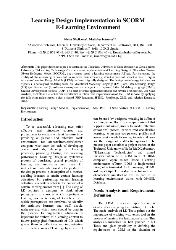 (PDF) Learning Design Implementation In SCORM E-Learning Environment