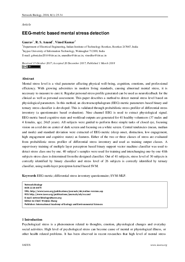 Pdf Eeg Metric Based Mental Stress Detection