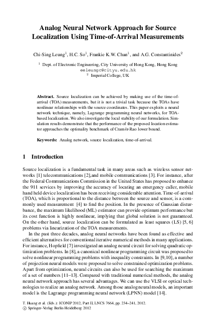 Pdf Analog Neural Network Approach For Source Localization Using Time Of Arrival Measurements