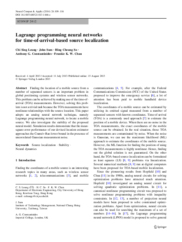 Pdf Lagrange Programming Neural Networks For Time Of Arrival Based Source Localization
