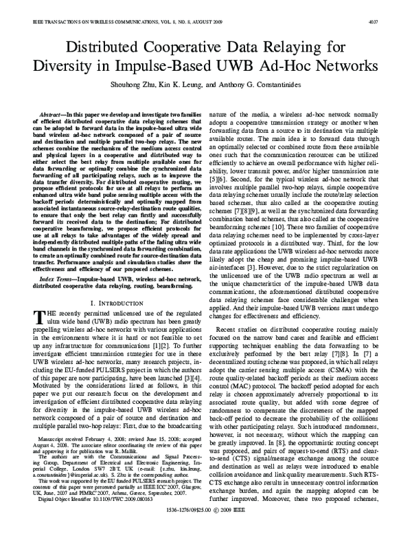 (PDF) Distributed Cooperative Data Relaying for Diversity in Impulse-Based UWB Ad-Hoc Networks