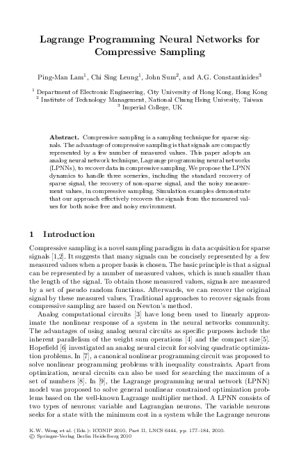 Pdf Lagrange Programming Neural Networks For Compressive Sampling