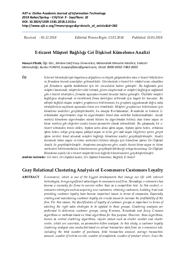 Pdf E Ticaret Müşteri Bağlılığı Gri İlişkisel Kümeleme Analizi Gray