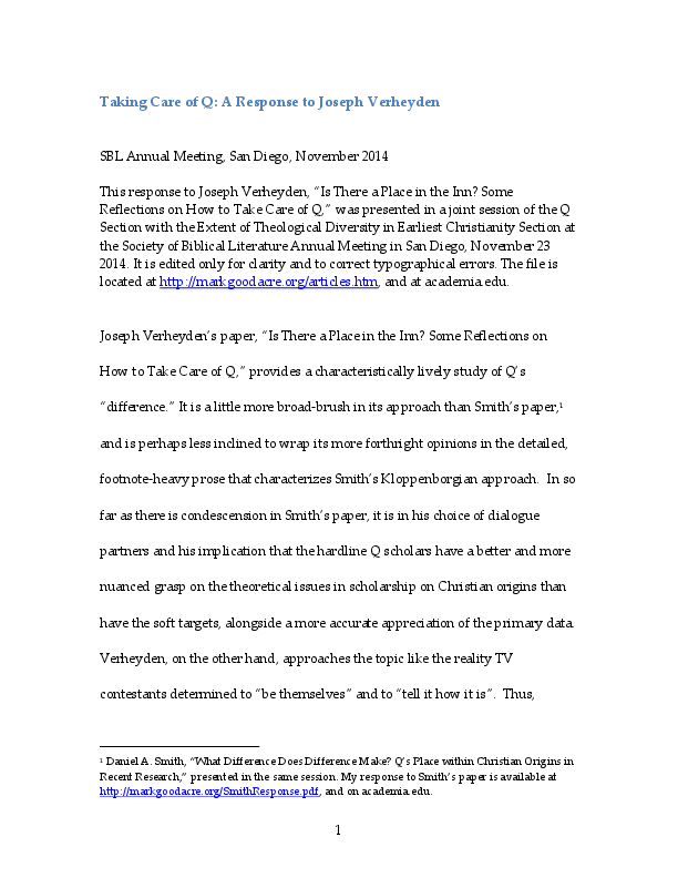 (PDF) Taking Care of Q: A Response to Joseph Verheyden