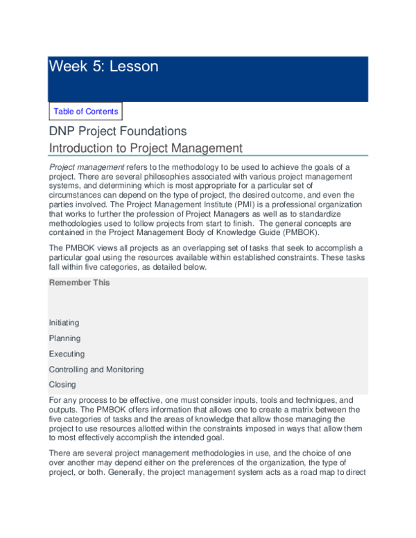 (DOC) Week 5: Lesson DNP Project Foundations Introduction to Project ...