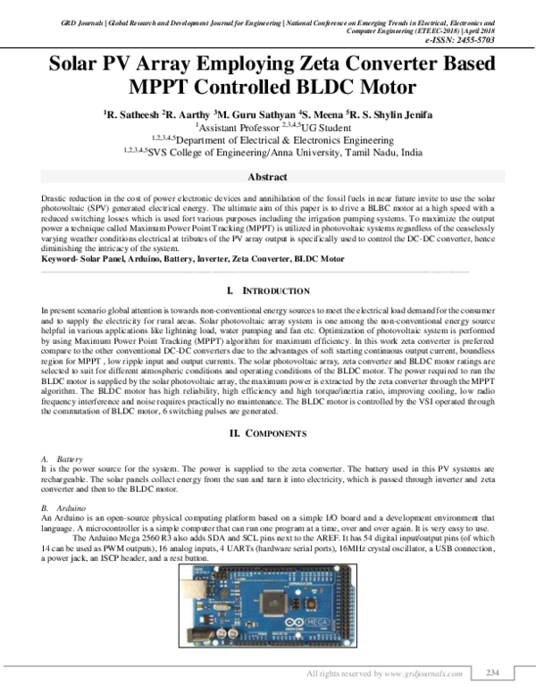 Pdf Solar Pv Array Employing Zeta Converter Based Mppt Controlled Bldc Motor