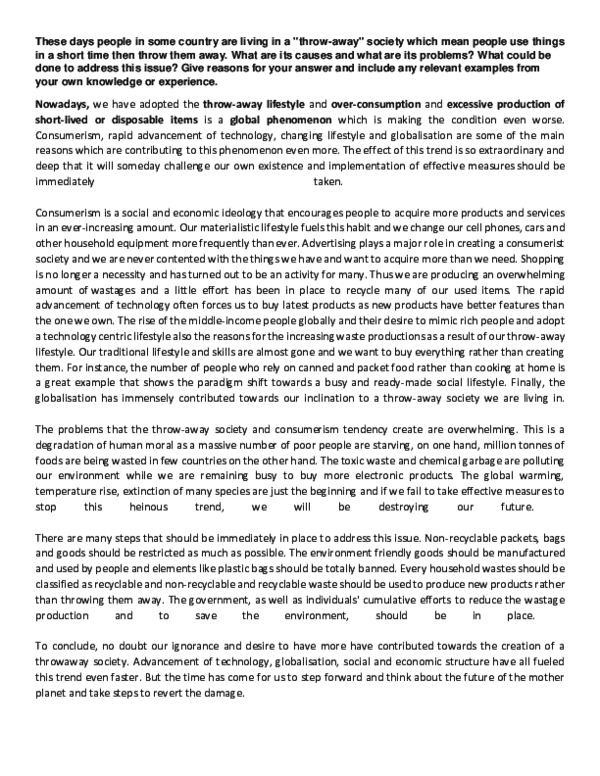(DOC) Throw-away world essay sample
