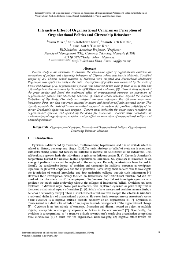 (PDF) Interactive Effect of Organizational Cynicism on Perception of Organizational Politics and ...