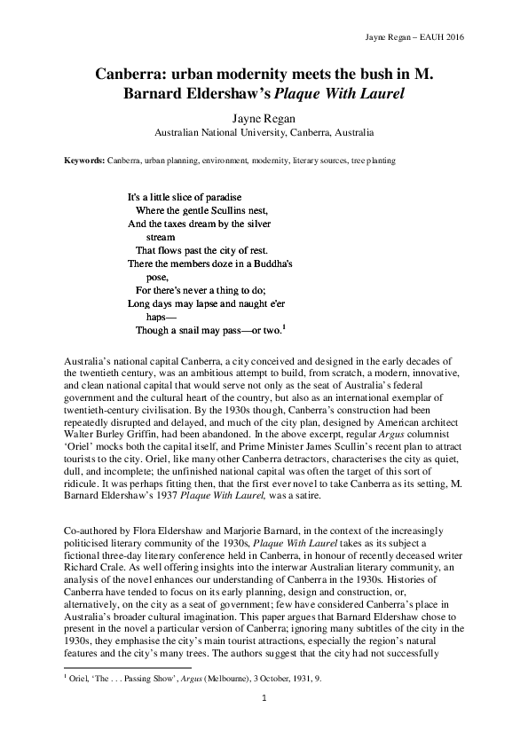 (PDF) ‘Canberra: Urban Modernity Meets the Bush in M. Barnard Eldershaw ...