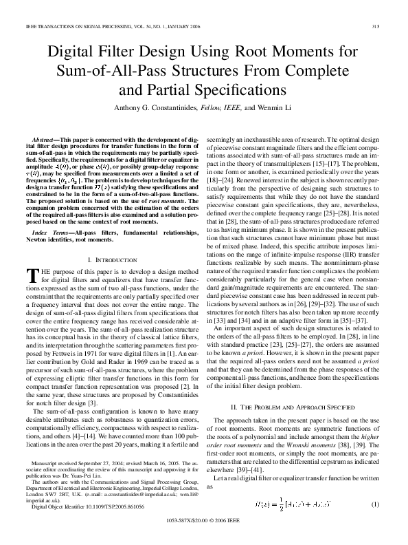(PDF) Digital Filter Design Using Root Moments for Sum-of-All-Pass Structures From Complete and ...