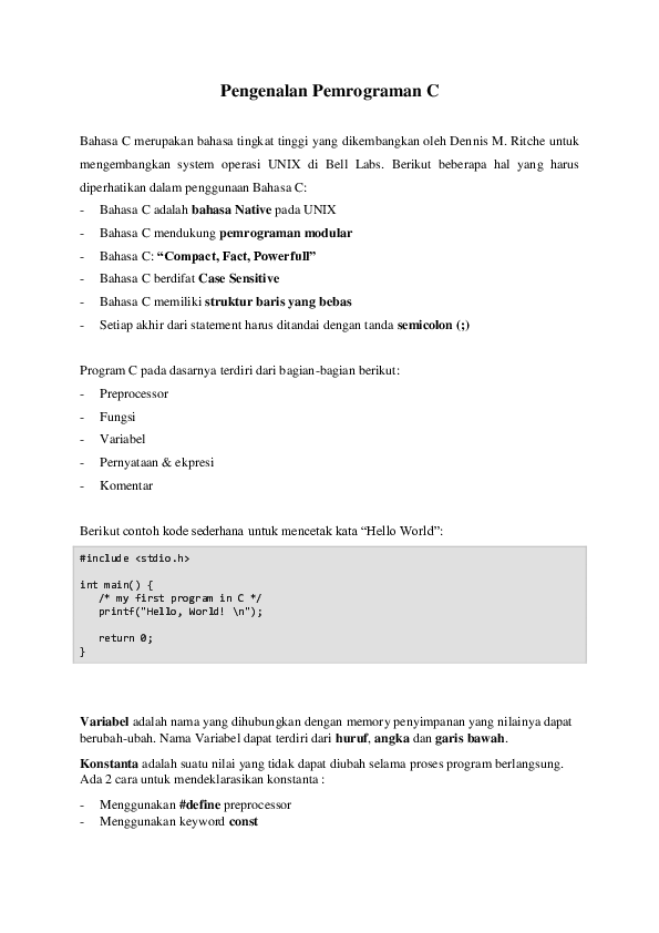 (PDF) Pengenalan Pemrograman C
